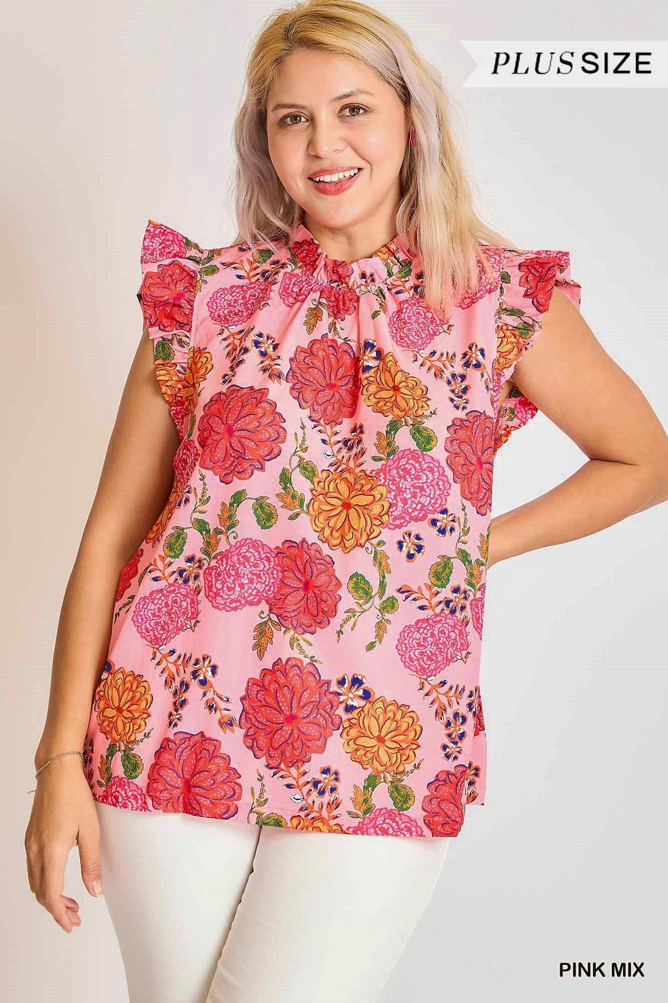 Floral Print High Ruffle Neck Boxy Cut Top with Ruffle Sleeve ...